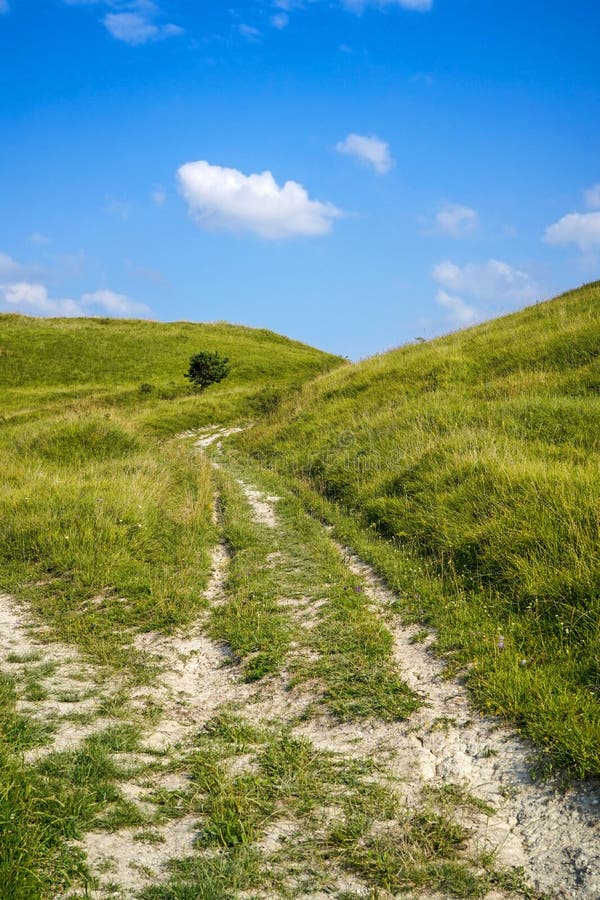 Winding Rural Road in Summer Field and Blue Sky Stock Photo - Image of ...