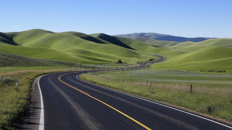 A Winding Rural Road Surrounded by Lush Green Fields and Rolling Hills ...