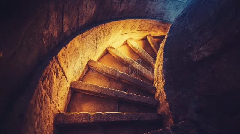 Winding Staircase Inside an Ancient Tower Illuminated by Torchlight ...