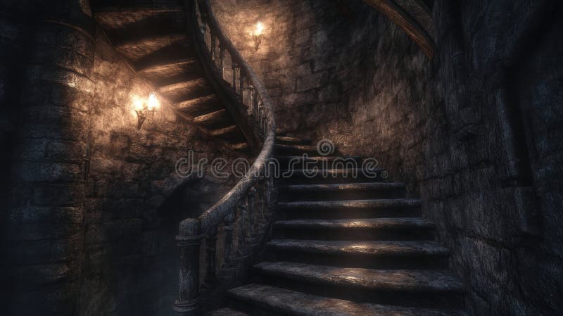 Winding Staircase Inside a Medieval Stone Tower with Soft Lighting ...