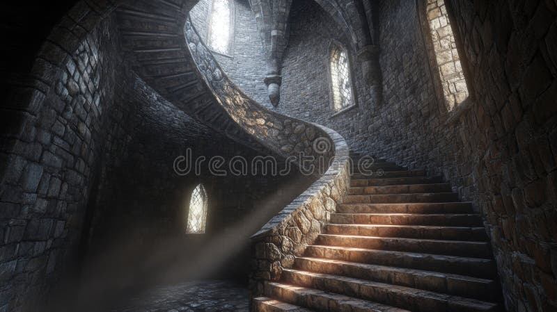 Winding Staircase Inside a Medieval Stone Tower with Soft Lighting ...