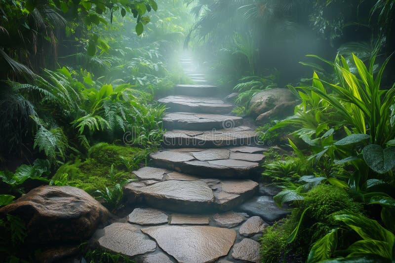 Winding Stone Path through Dense Tropical Greenery in a Misty Forest ...