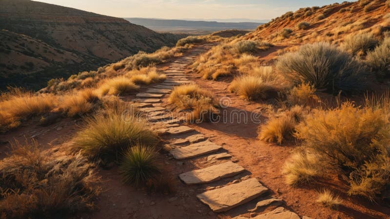Stone Pathway Winding through Desert Landscape at Sunset Stock ...