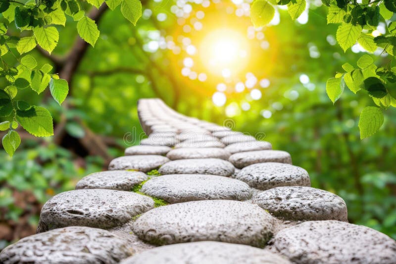 A Winding Stone Path Leads through a Lush Forest Illuminated by Bright ...
