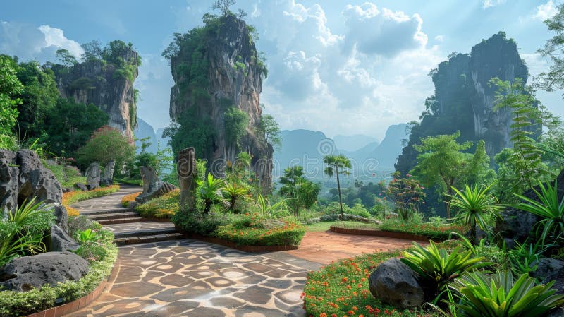 A Winding Stone Path Leads through a Lush Tropical Garden, with ...