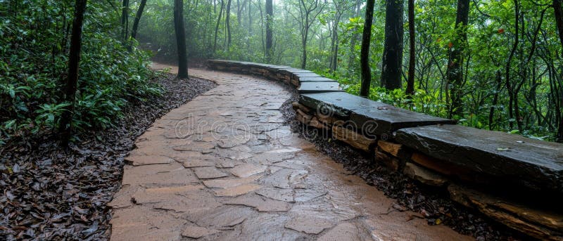 A Winding Stone Path through a Lush Forest. Stock Photo - Image of rain ...
