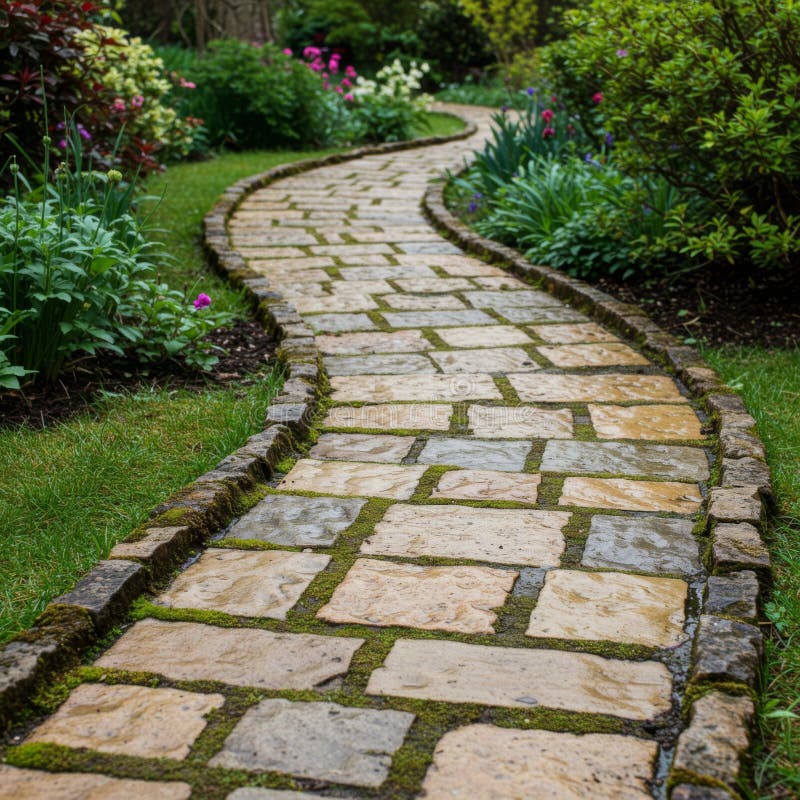 Winding Stone Path through Lush Garden Stock Illustration ...