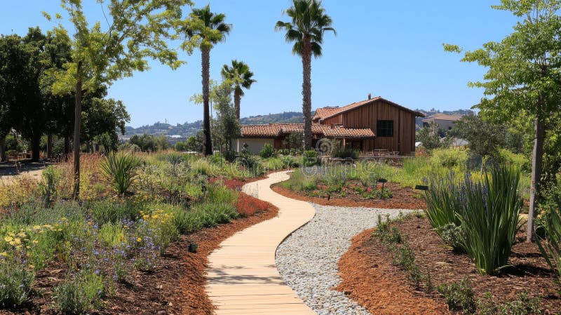 A Winding Stone Path through a Lush Garden Leading To a Rustic House ...