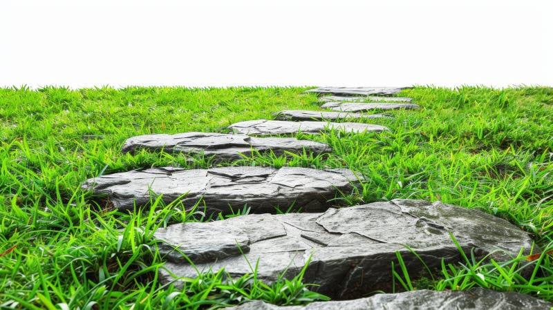 A Winding Stone Path through a Lush Green Field Against a White ...