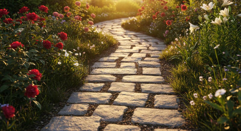 Winding Stone Path through Lush Rose Garden at Sunset Stock ...