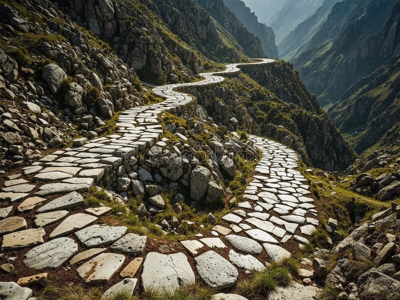 Winding Stone Path through a Mystical Mountain Labyrinth Exploring Ancient Pathways Carved into ...
