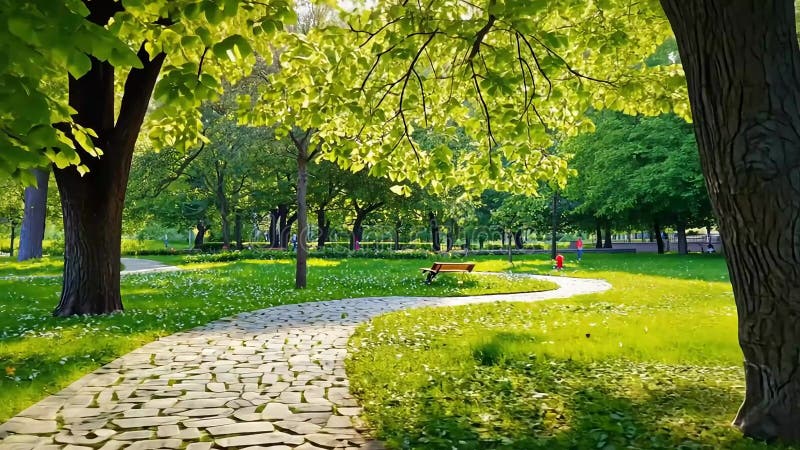 Winding Stone Path through a Sun-dappled Park with Lush Green Trees and ...