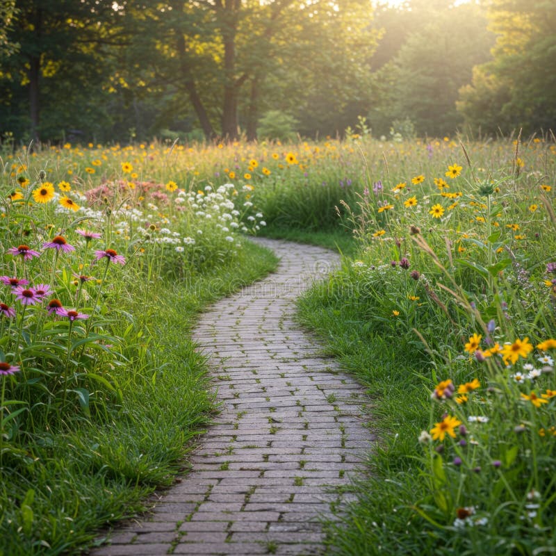 Winding Stone Path through a Sunlit Wildflower Meadow Stock ...