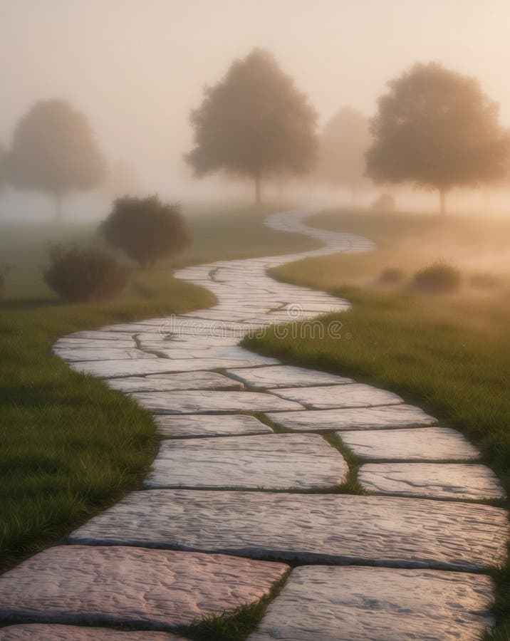 Winding Stone Pathway Leading through a Misty Landscape on a Bright Day ...