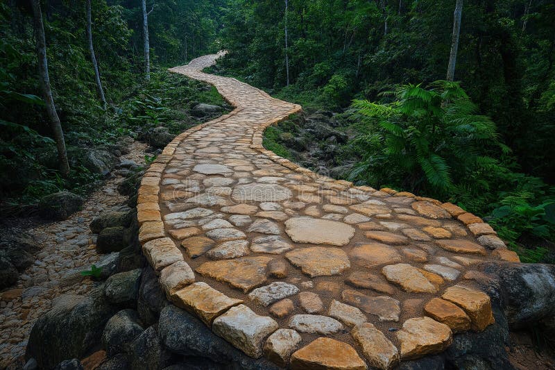 Winding Stone Pathway through Lush Forest Reaching into the Dense ...