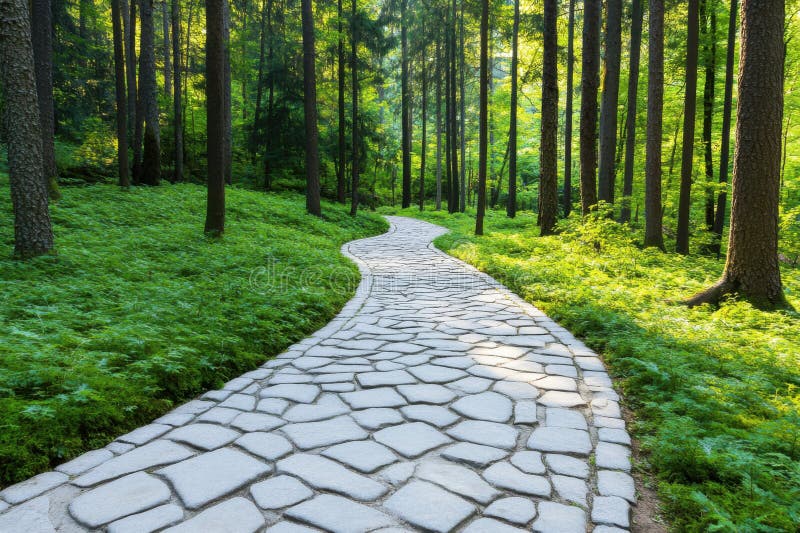 Winding Stone Pathway through a Lush Green Forest Illuminated by ...