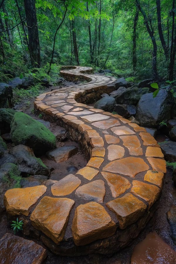 Stone Path Winding Lush Green Moss Garden Rain Stock Photos - Free ...