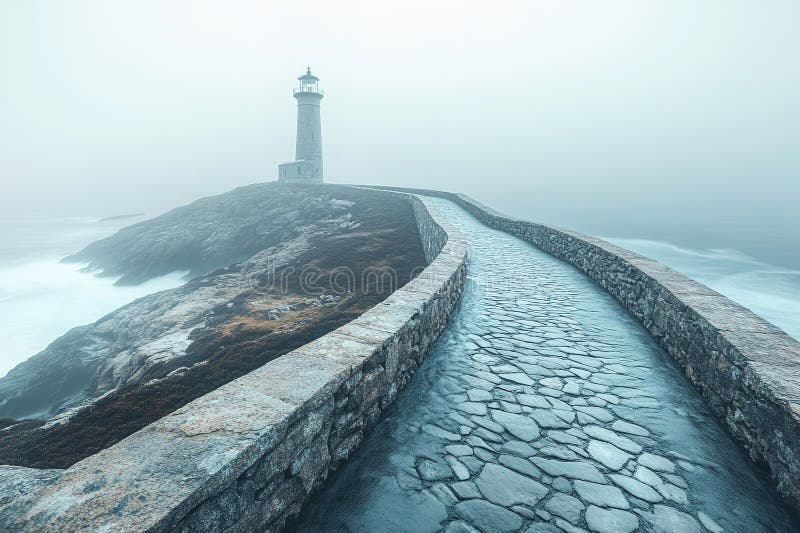 A Winding Stone Pathway Meanders Towards a Lighthouse on a Rocky ...