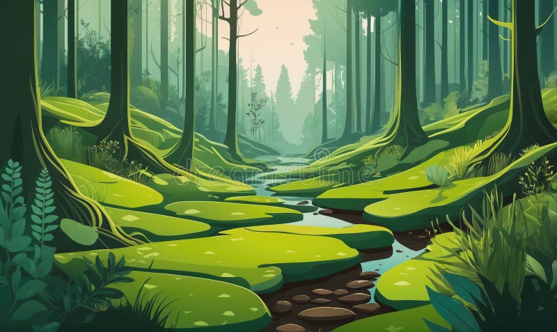 A Winding Stream Flows through a Dense Forest, Sunlight Filtering ...