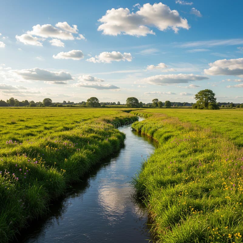 A Winding Stream Flows through a Lush Green Meadow Under a Sky Dotted ...