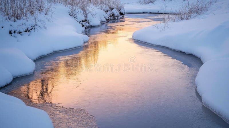 A Winding Stream in a Snowy Landscape with Reflections of a Pink Sky ...