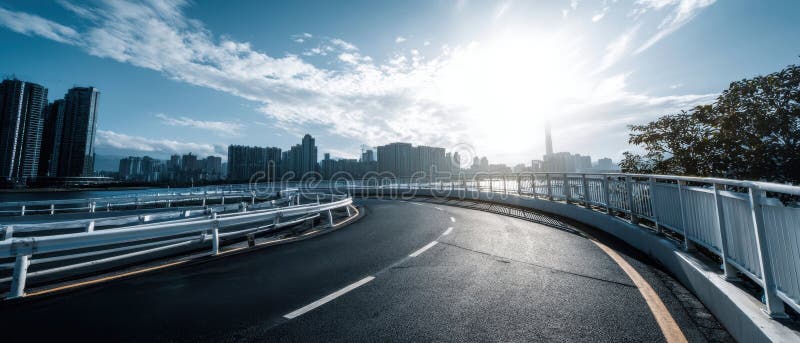 The Winding Urban Road with Stunning Skyline at Sunset. AI Generated ...