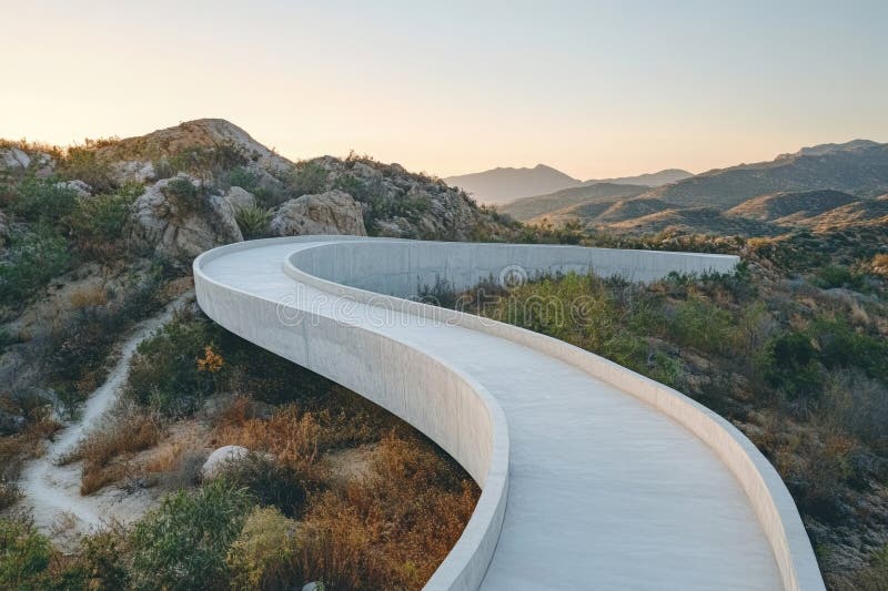 A Winding Walkway Ascends a Hill, Framed by a Majestic Mountain ...