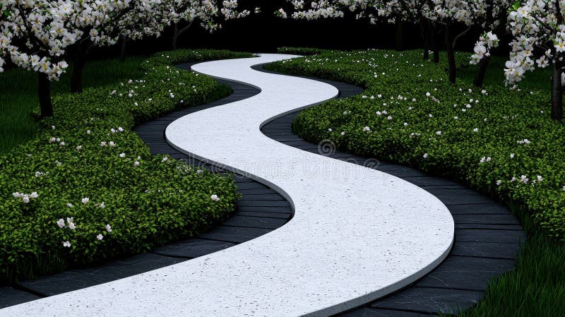Winding White Pathway through Lush Greenery and Blooming Trees Stock ...