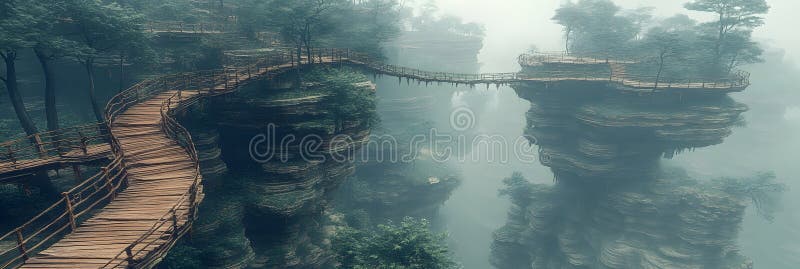 A Winding Wooden Path and Bridge Connecting Cliffs in a Misty Landscape ...