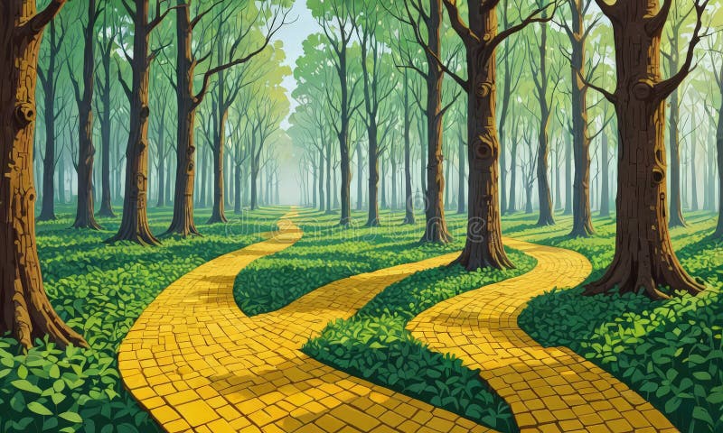 Winding Yellow Brick Path Leads through Lush Forest, with Tall Trees ...