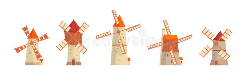 Windmill As Farm Construction for Grinding Flour Vector Set Stock ...