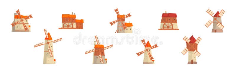 Windmill As Farm Construction for Grinding Flour Vector Set Stock ...