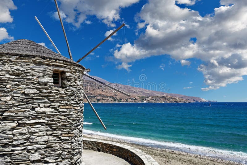 A Windmill on the Beach of Korthi in Andros, Greece Stock Image - Image ...