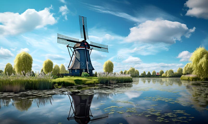 Windmill in a Beautiful Flower Garden, Ai Generative Stock Image ...
