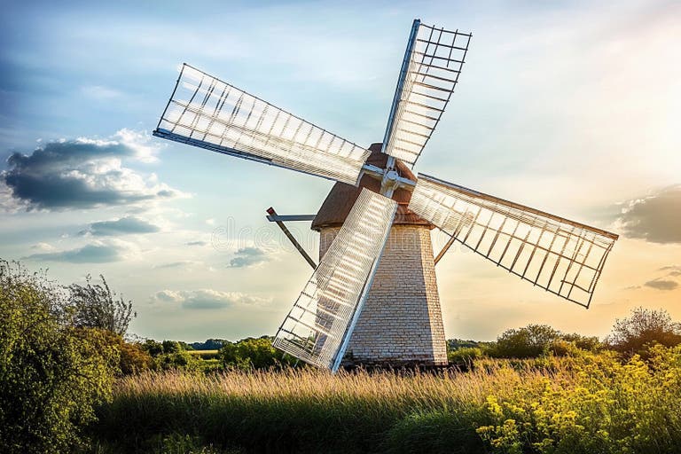 Illuminated Windmill Turns in Twilight Over Rural Landscape at Dusk ...