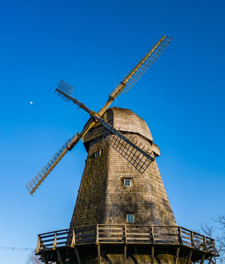Windmill with Blue Sky with Moon in Background. Stock Image - Image of ...