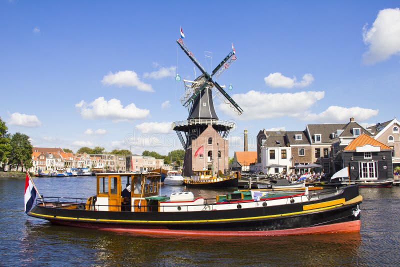 Windmill and Boat, Haarlem, Holland Stock Photo - Image of boat, europe ...
