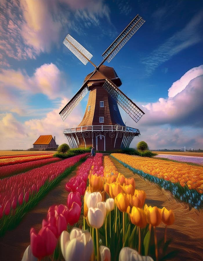 Windmill in Bulbfield Dutch Landscape Cartoon Stock Image - Image of ...
