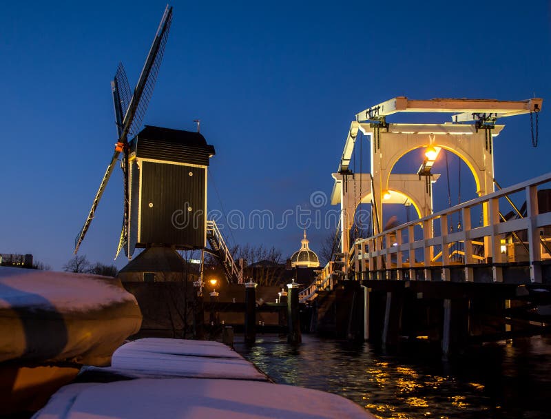 Windmill and Draw Bridge in Leiden Stock Image - Image of drawbridge ...