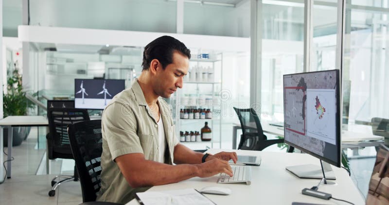 Windmill Engineer, Computer and Man in Office for Typing Design, Global ...