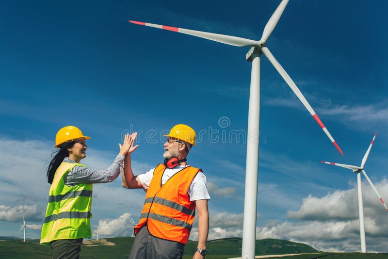Windmill Engineers Giving High Five, Inspection and Progress Check Wind ...