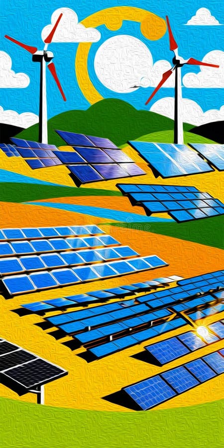 Windmill Farm Solar Energy . Oil Paint Illustration Stock Illustration ...