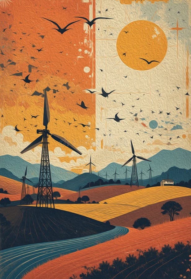 Windmill Farm Solar Energy . Oil Paint Illustration Stock Illustration ...