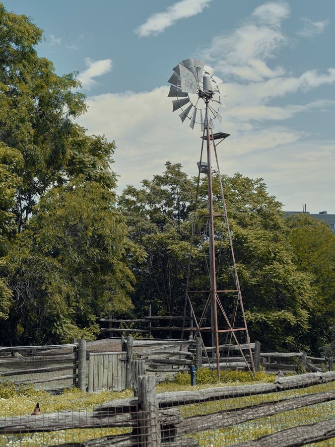 Ancient windmill in a farm stock image. Image of green - 261400659
