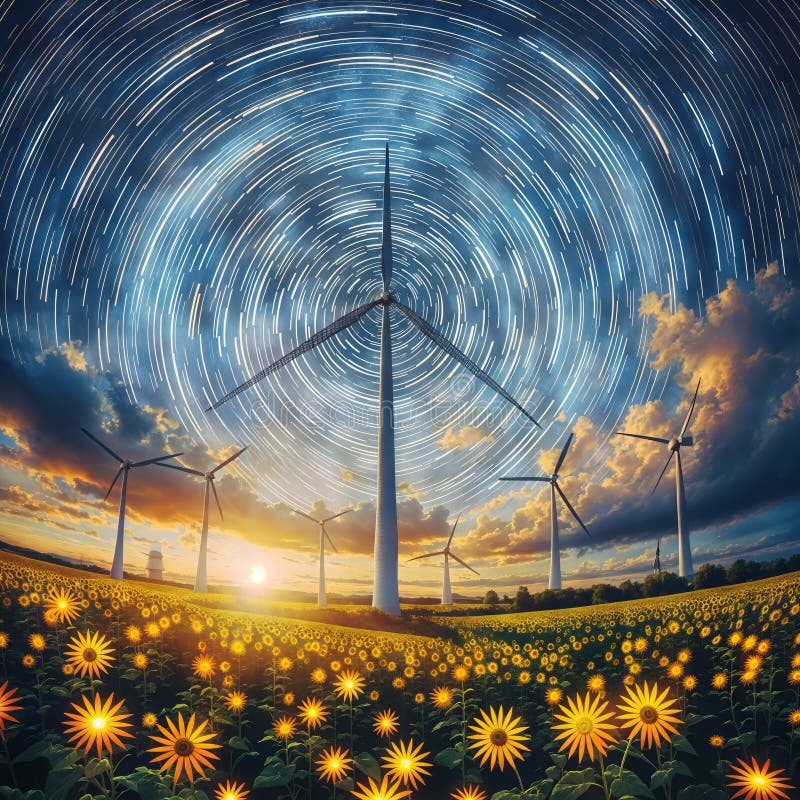 Nighttime Windmill Field with a Spiral Starry Sky and Sunflowers ...