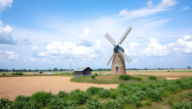 Windmill in a Field Rural Landscape and Renewable Energy Source ...