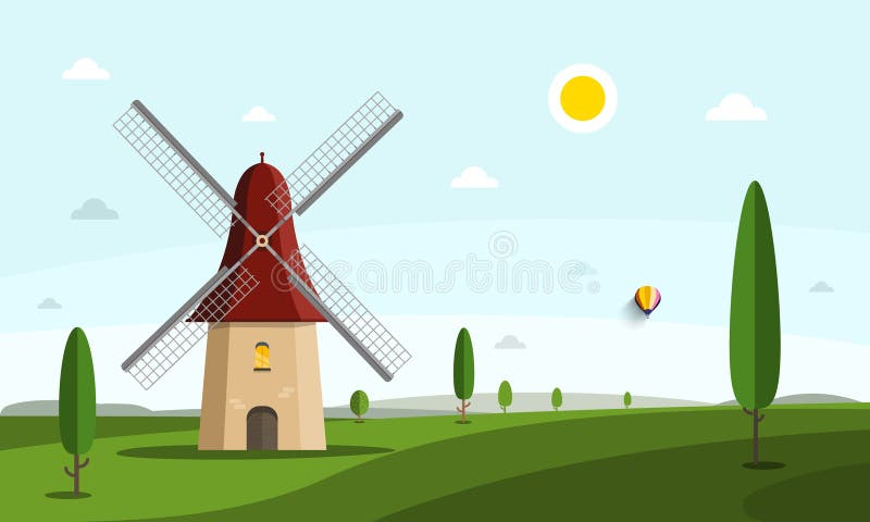 Windmill on Field with Trees and Sun on Sky Stock Vector - Illustration ...