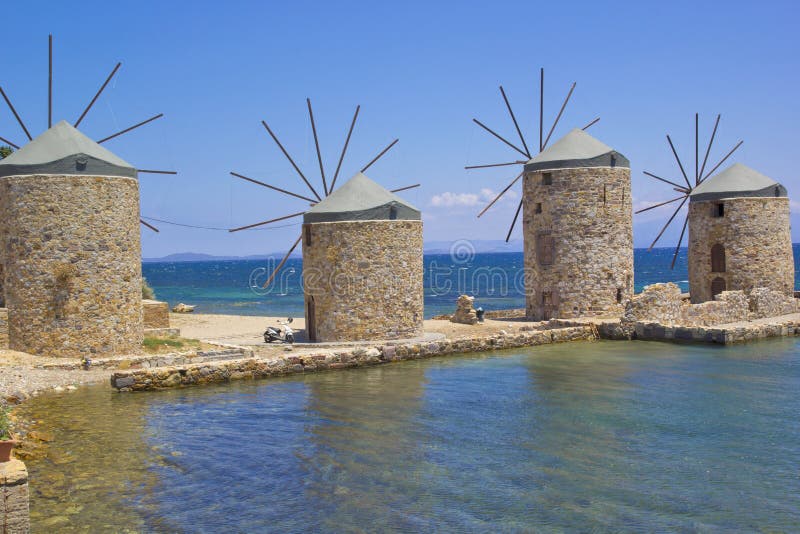Windmill and Flowers in Chios Island, Greece Stock Photo - Image of ...