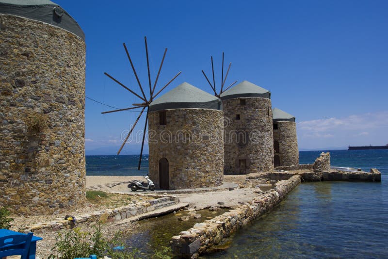 Windmill and Flowers in Chios Island, Greece Stock Photo - Image of ...