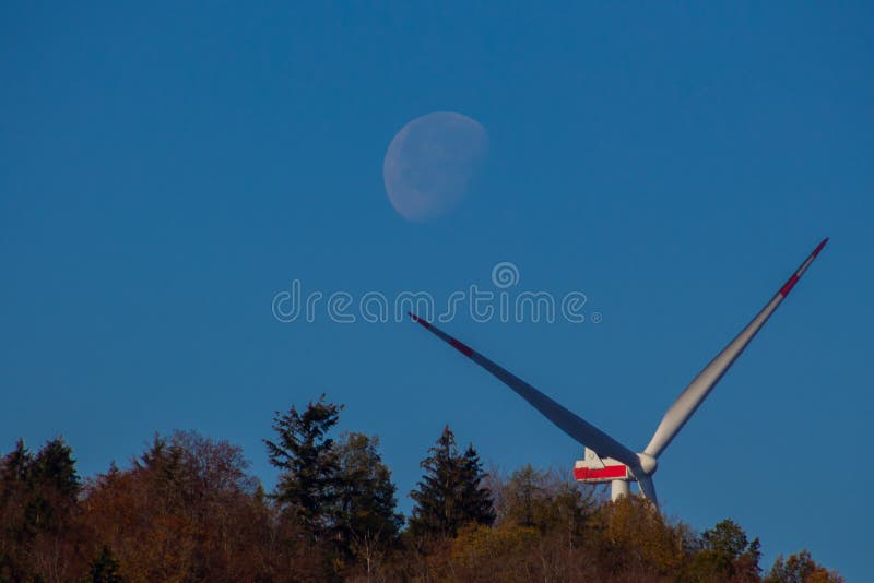 Windmill on a Forest Hilltop and the Moon with Blue Sky Stock Image ...